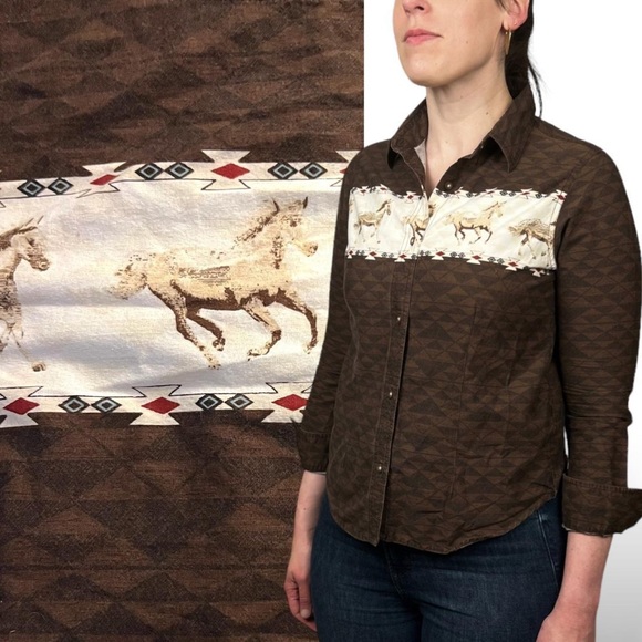 Bit & Bridle | Tops | Brown Horse Print Western Collared Shirt Bit ...